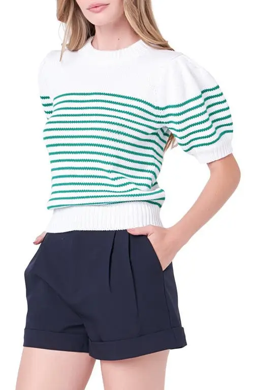 English Factory Stripe Puff Sleeve Sweater - White/green