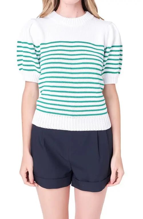 English Factory Stripe Puff Sleeve Sweater - White/green