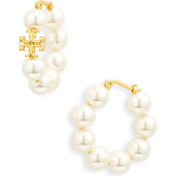 Tory Burch Kira Imitation Pearl Hoop Earrings - Rolled Brass/ivory