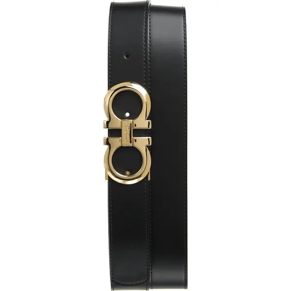 FERRAGAMO Reversible Double Gancio Leather Belt - Black/hickory