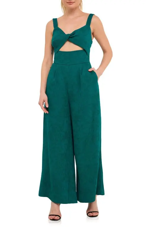 Endless Rose Plissé Cutout Wide Leg Jumpsuit - Emerald