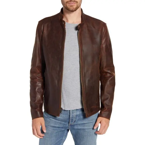 SCHOTT Café Racer Oiled Cowhide Leather Jacket - Brown