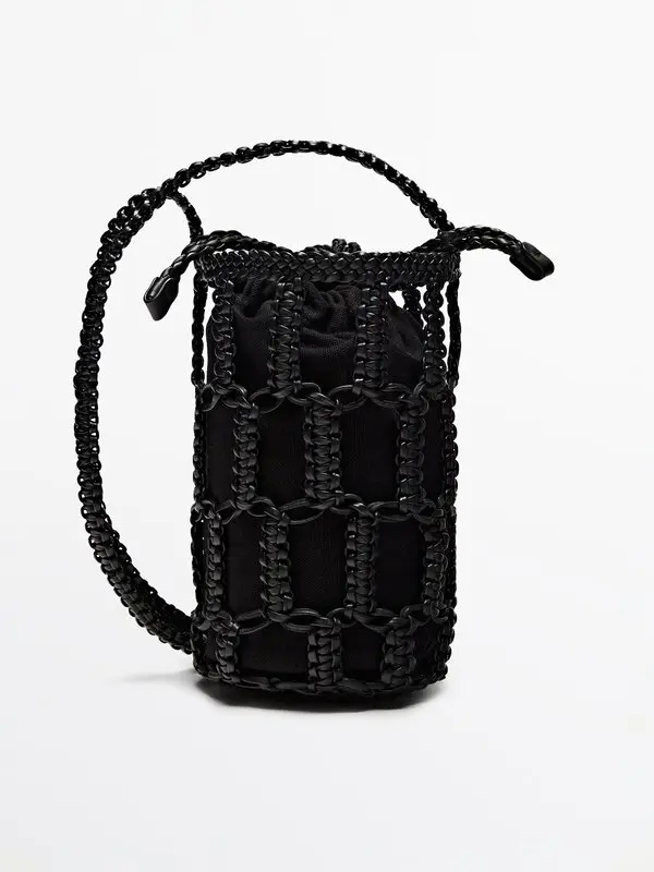 Massimo Dutti Nappa Leather Woven Bucket Bag - Black