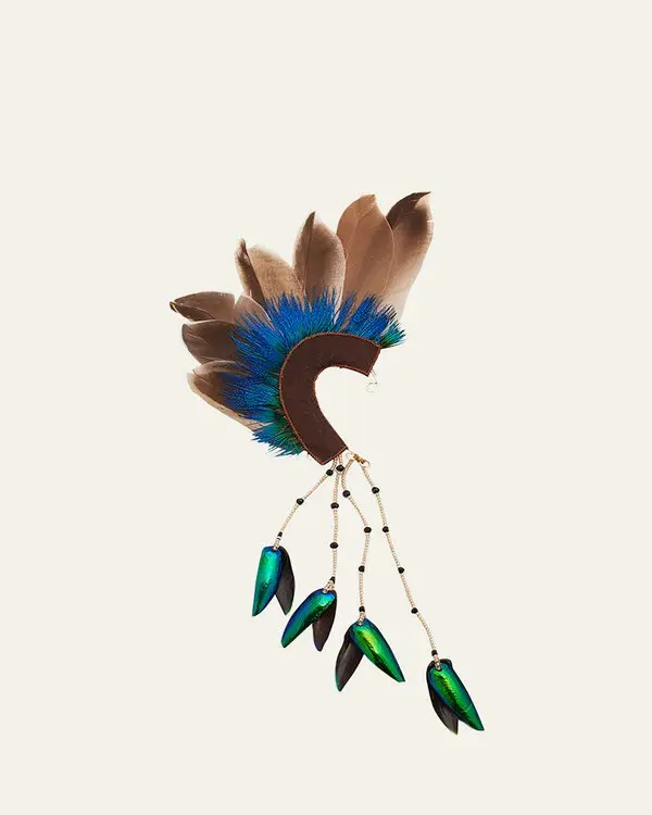 Ranjana Khan Feathered Ear Cuff With Beetle Wing Tassel - Multi