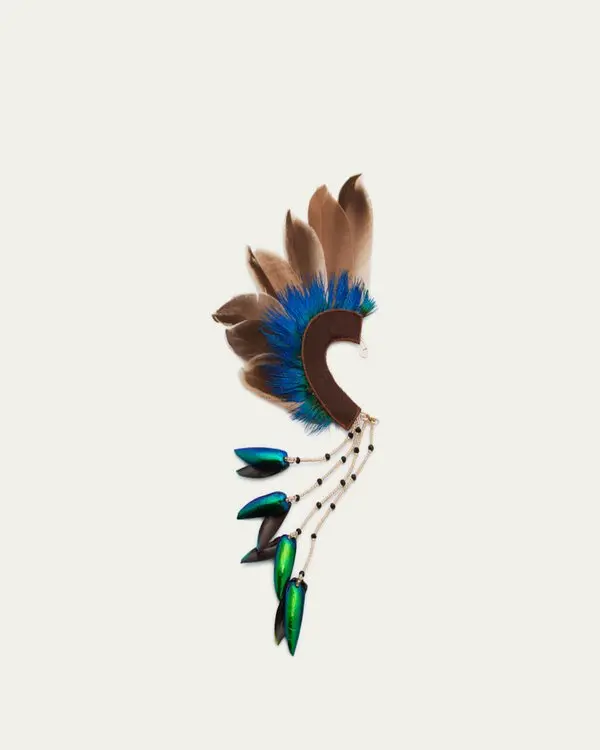 Ranjana Khan Feathered Ear Cuff With Beetle Wing Tassel