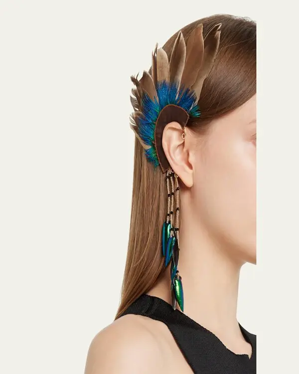 Ranjana Khan Feathered Ear Cuff With Beetle Wing Tassel