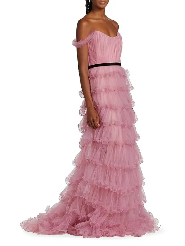 Marchesa Off-the-shoulder Tiered Tulle Gown