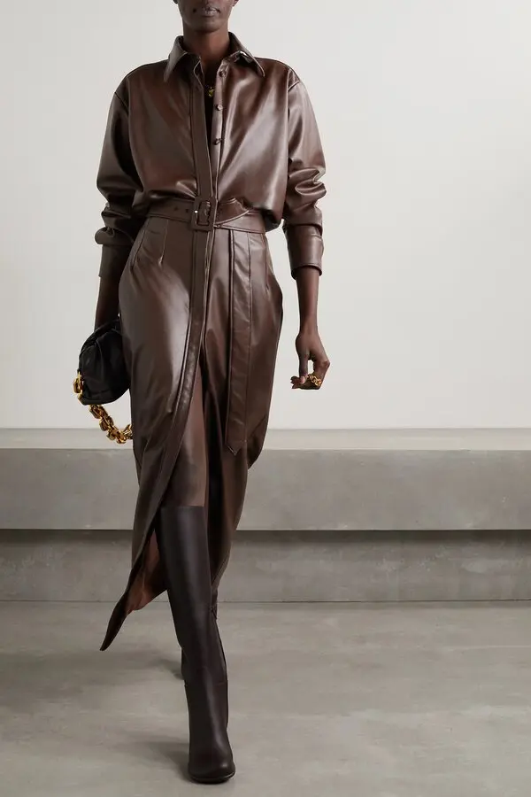 Brandon Maxwell Belted Vegan Stretch-Leather Midi Shirt Dress In Brown -  50% Off | Editorialist