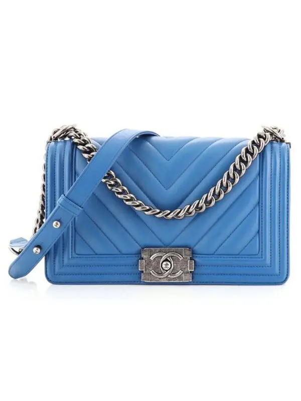 Chanel Classic Flap Boy Chevron Lambskin Old Medium Blue Leather Shoulder Bag