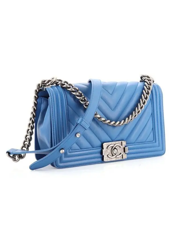 Chanel Classic Flap Boy Chevron Lambskin Old Medium Blue Leather Shoulder Bag
