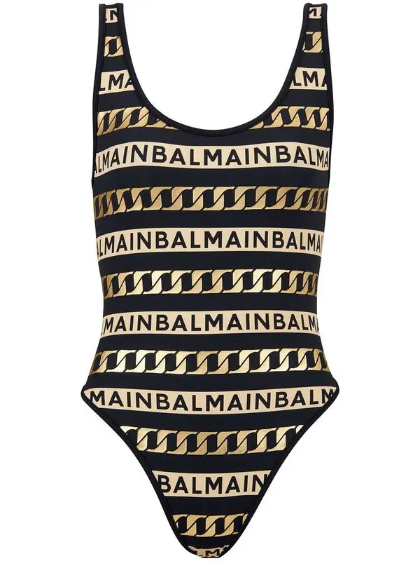 Balmain Striped Logo-print Swimsuit