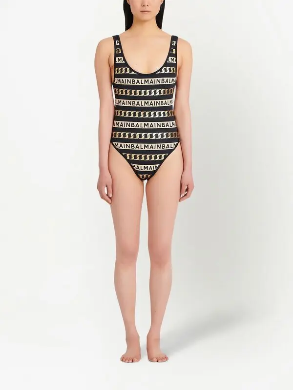 Balmain Striped Logo-print Swimsuit