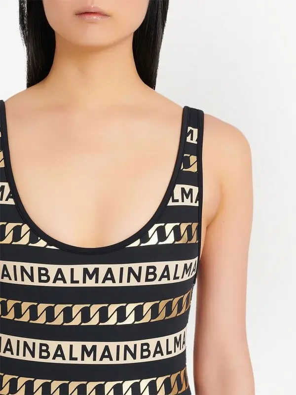 Balmain Striped Logo-print Swimsuit