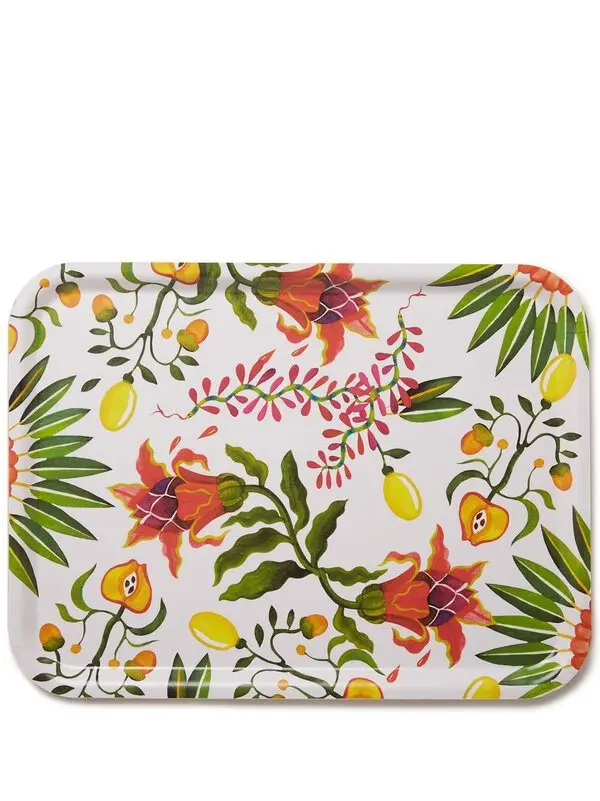 La DoubleJ Eden Floral-print Wooden Tray - White