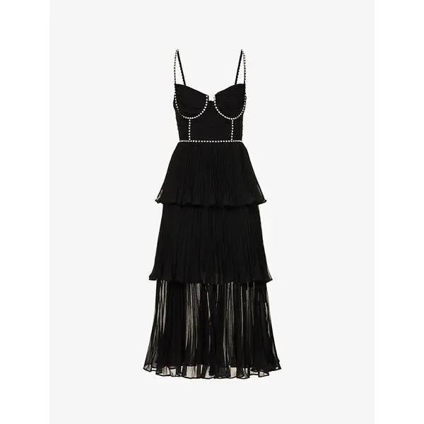 Self-Portrait Diamante-Embellished Tiered Chiffon Midi Dress - Black |  Editorialist