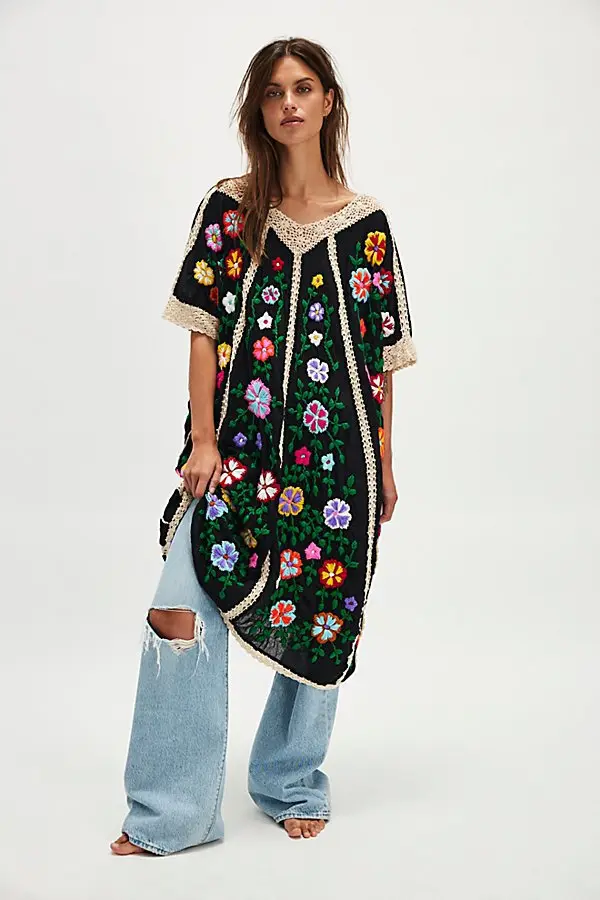 Free People Bella Flor Embroidered Kaftan - Black