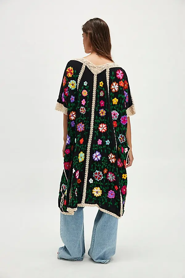 Free People Bella Flor Embroidered Kaftan - Black