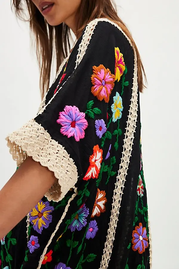 Free People Bella Flor Embroidered Kaftan - Black