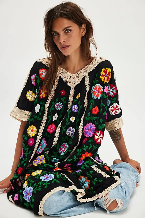 Free People Bella Flor Embroidered Kaftan - Black
