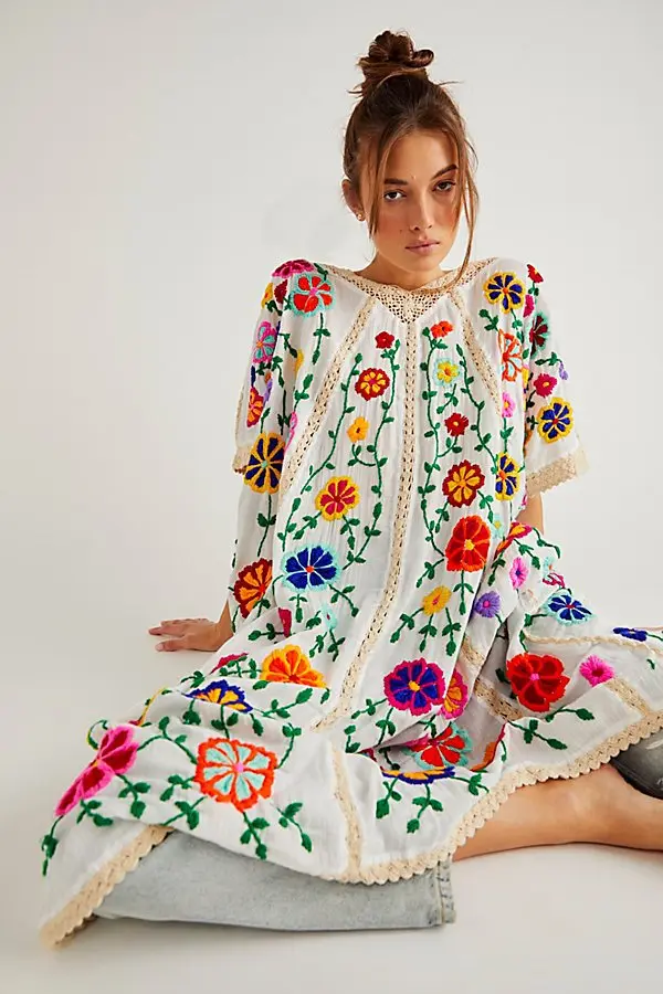 Free People Bella Flor Embroidered Kaftan - Natural