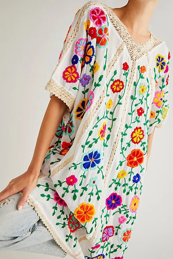 Free People Bella Flor Embroidered Kaftan