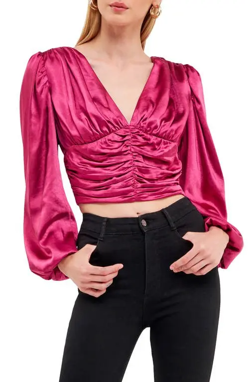 Endless Rose Ruched Satin V-neck Cropped Top