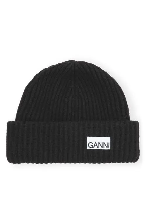 GANNI Structured Rib Wool-blend Beanie - Black