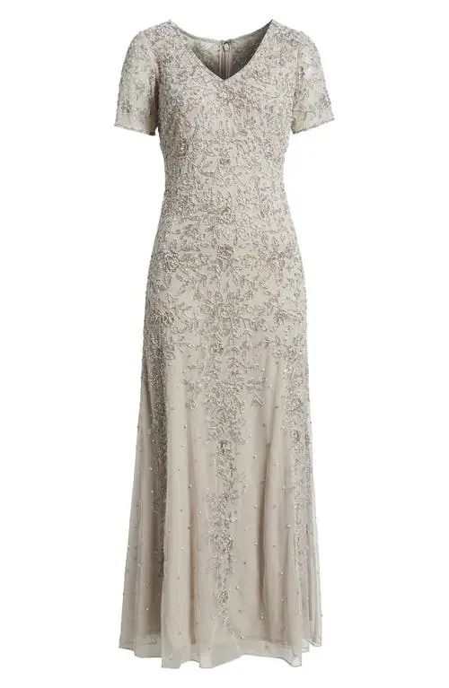 Pisarro Nights Beaded Chiffon Gown - Silver 040