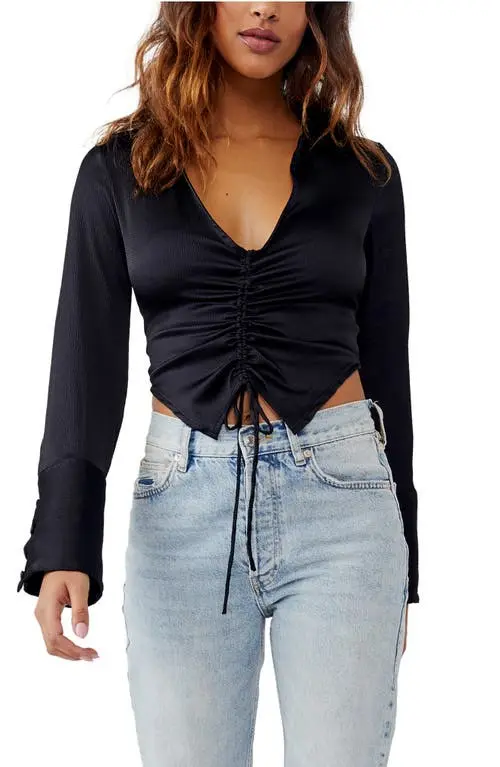 Free People Aurora Cinched Satin Blouse - Black