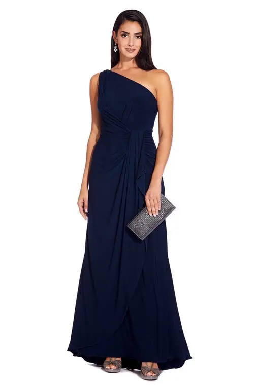 Adrianna Papell One-shoulder Jersey Gown - Midnight
