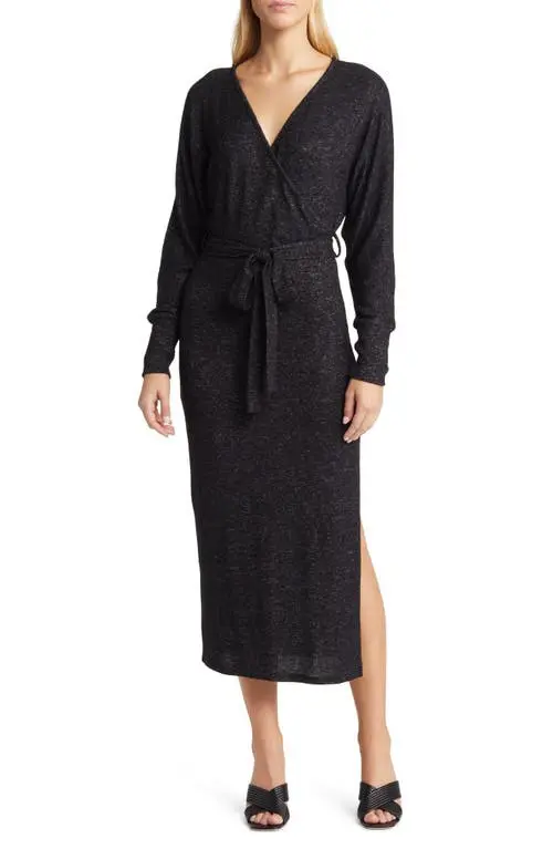 Loveappella Long Sleeve Faux Wrap Midi Dress