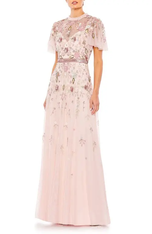 Mac Duggal Sequin Floral Flutter Sleeve Empire Waist Gown - Silver Peony |  Editorialist