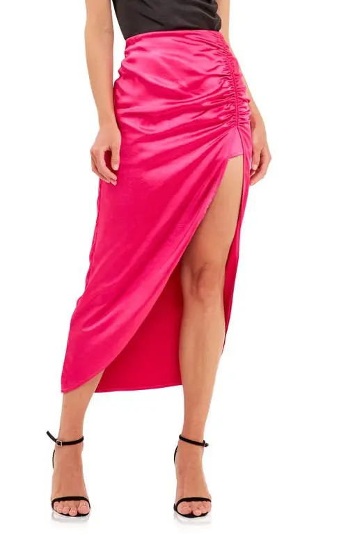 Endless Rose Side Slit Ruched Satin Midi Skirt - Fuchsia