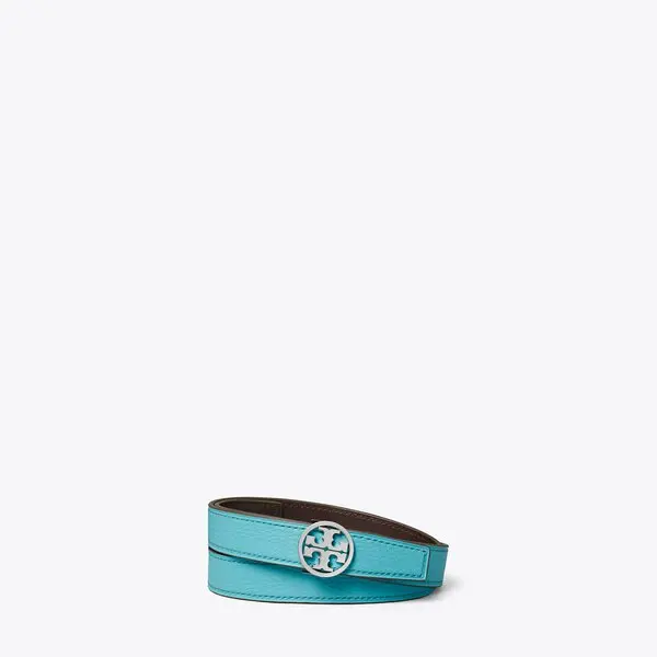 Tory Burch 1" Miller Reversible Belt - Soft Turquoise/dark Cocoa/silver