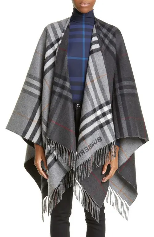 Burberry Split Check Fringe Trim Cashmere Cape - Grey/ Charcoal