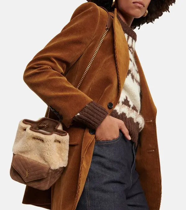 Saint Laurent Joe Mini Shearling-Paneled Bucket Bag - Brown 