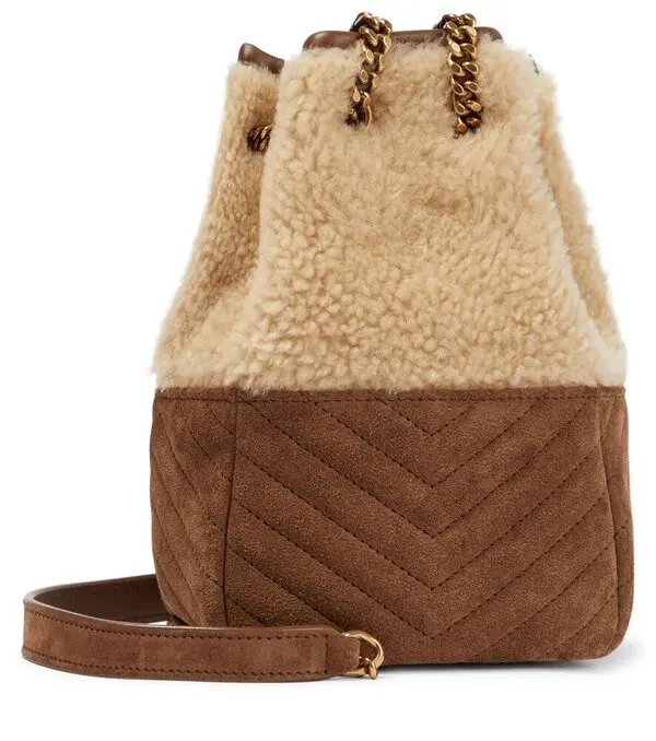Saint Laurent Joe Mini Shearling-Paneled Bucket Bag - Brown  display picture 1