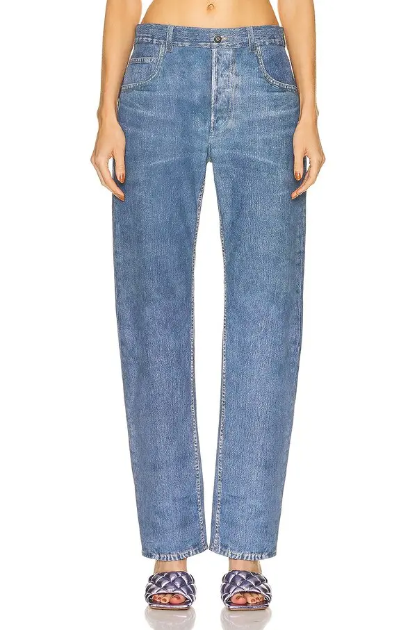 Bottega Veneta Leather Straight Leg Pant - Medium Blue Denim