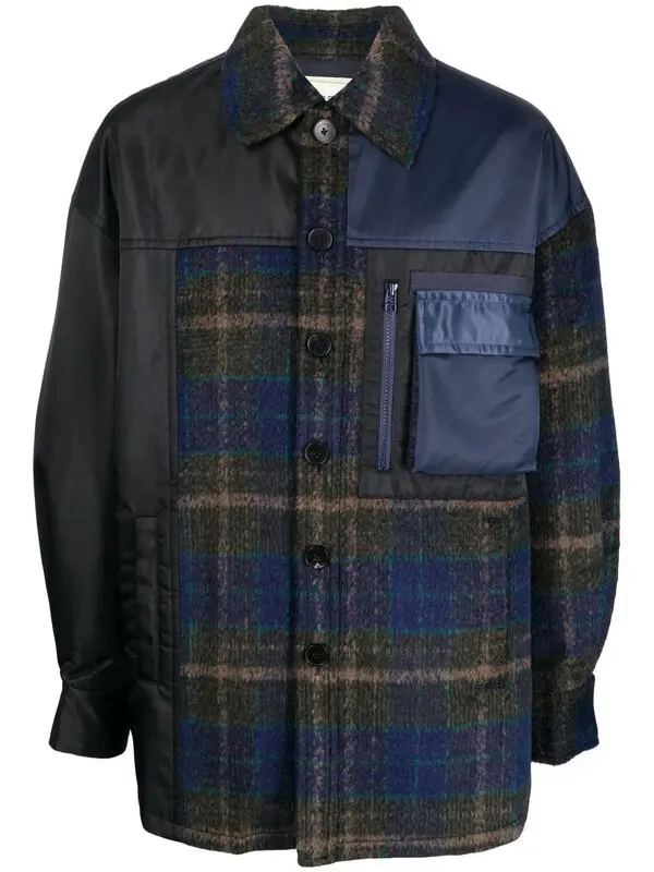 FENG CHEN WANG Panelled Plaid Button-up Jacket - Blue