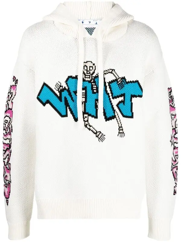 Off-White Graffiti-Detail Knit Hoodie In White - 61% Off