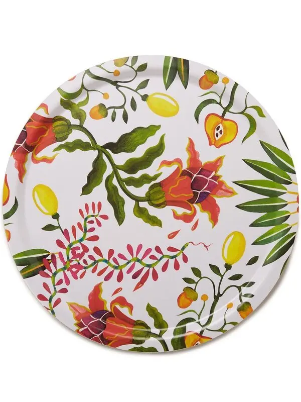 La DoubleJ Floral-print Wood Tray - White