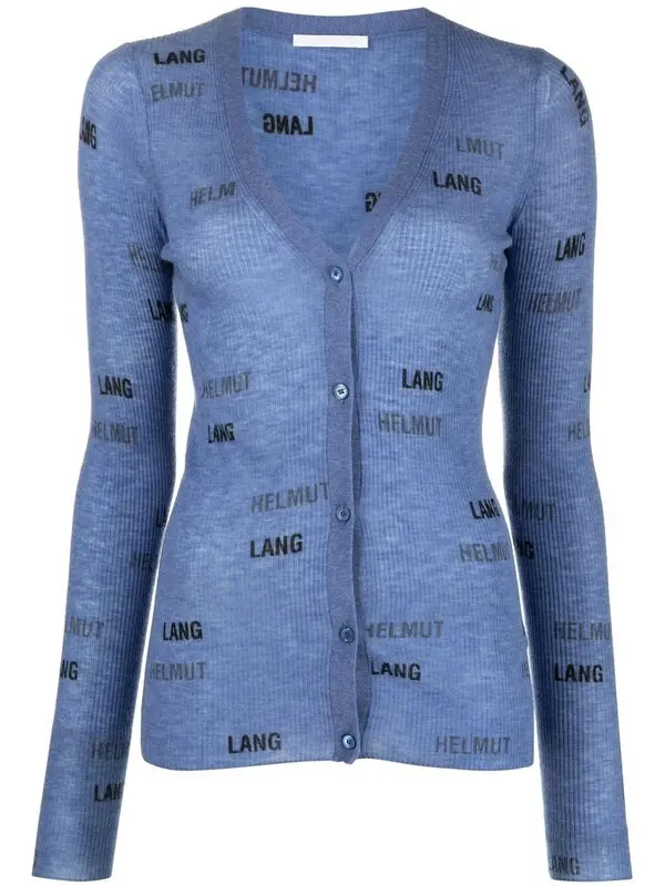 Helmut Lang Ribbed-knit Logo-print Cardigan - Blue