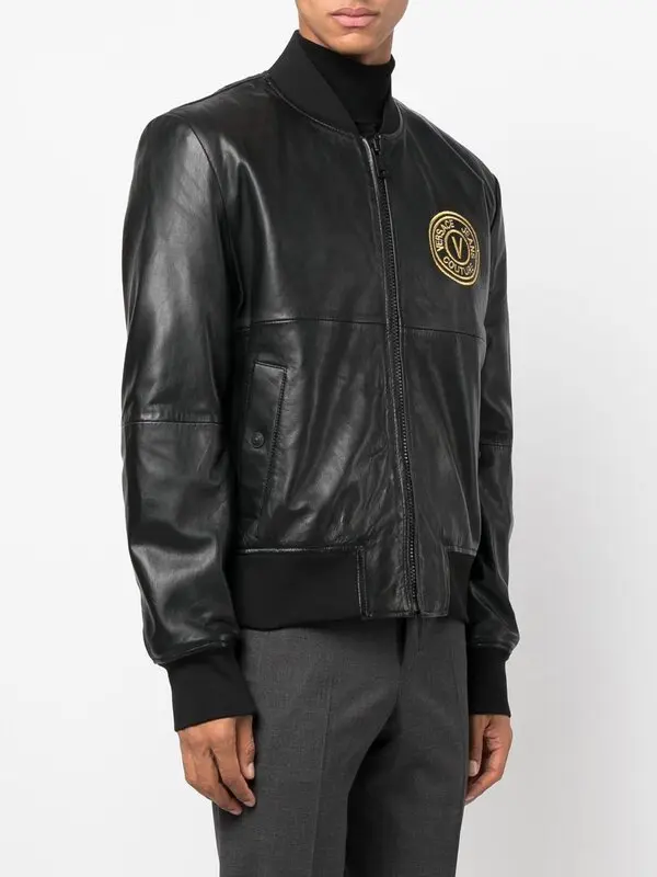 Versace V-Emblem Leather Jacket In Black - 39% Off | Editorialist
