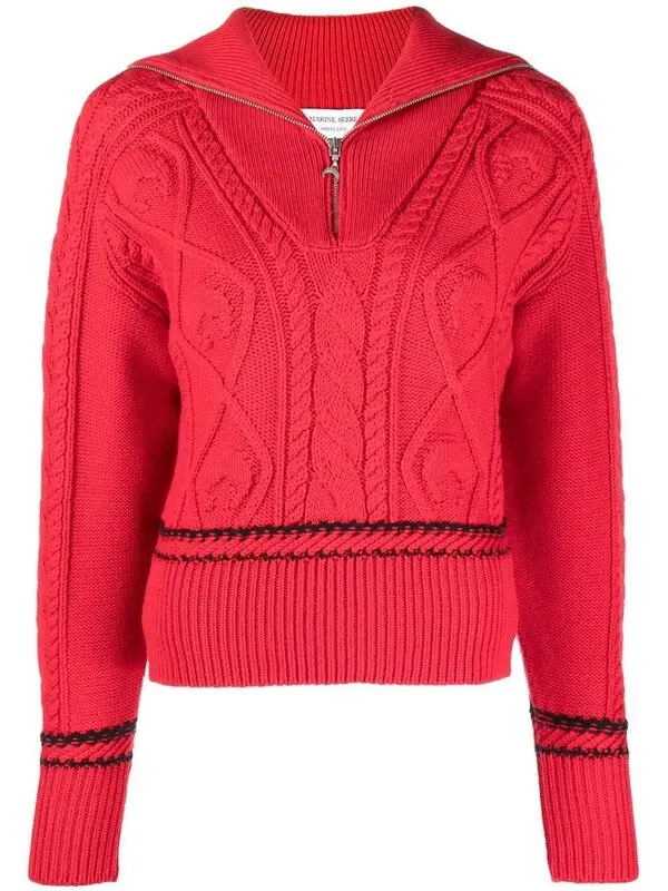 MARINE SERRE Cable-knit Quarter-zip Jumper