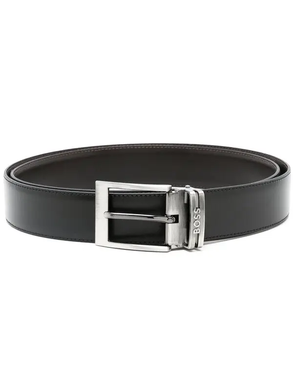 BOSS Logo Buckle Leather Belt - Black