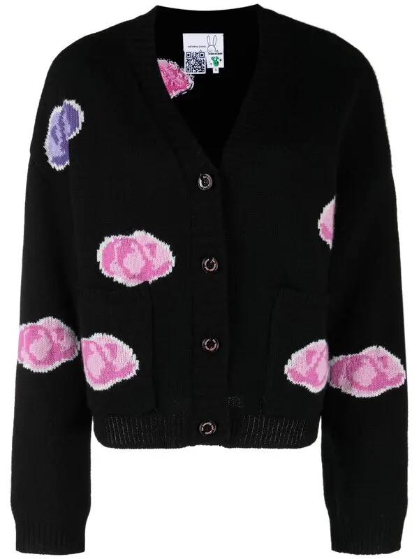 Natasha Zinko Rose-intarsia V-neck Cardigan - Black