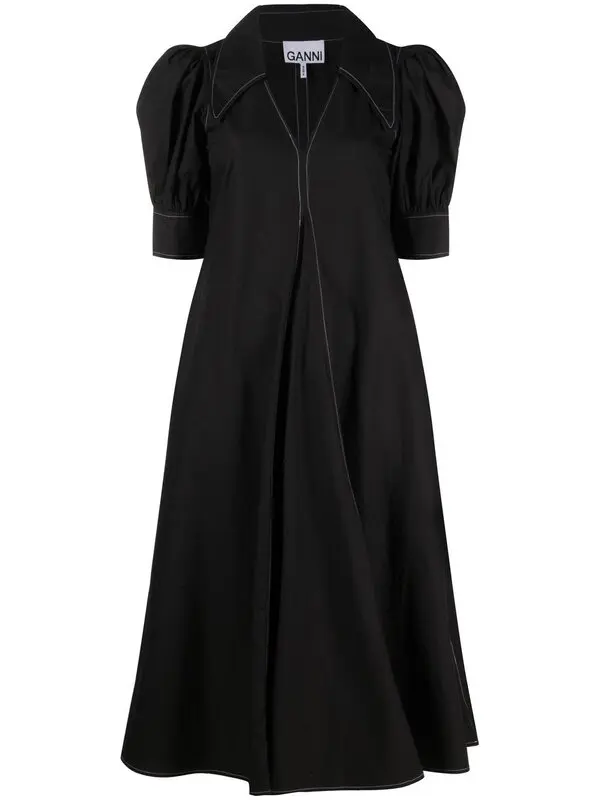 GANNI Puff-sleeved Box-pleat Dress - Black
