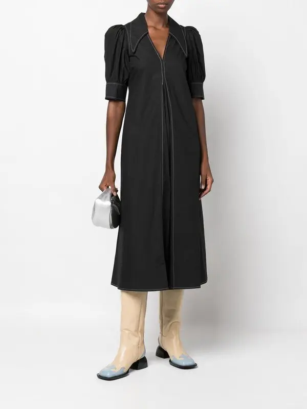 GANNI Puff-sleeved Box-pleat Dress - Black