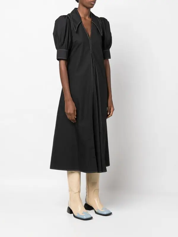 GANNI Puff-sleeved Box-pleat Dress - Black
