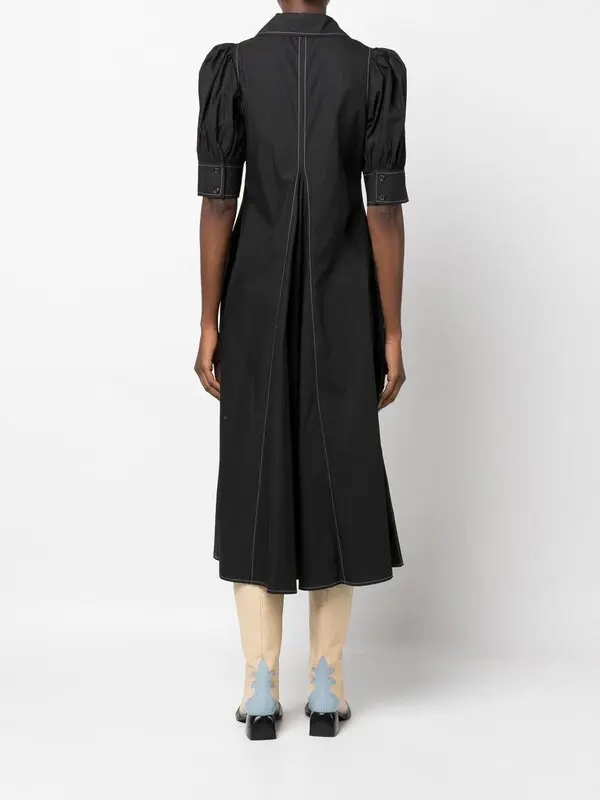GANNI Puff-sleeved Box-pleat Dress - Black